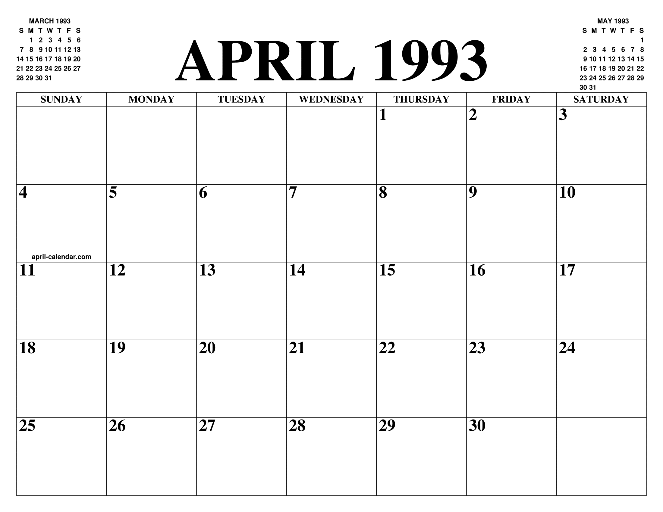 APRIL 1993 CALENDAR OF THE MONTH FREE PRINTABLE APRIL CALENDAR OF THE